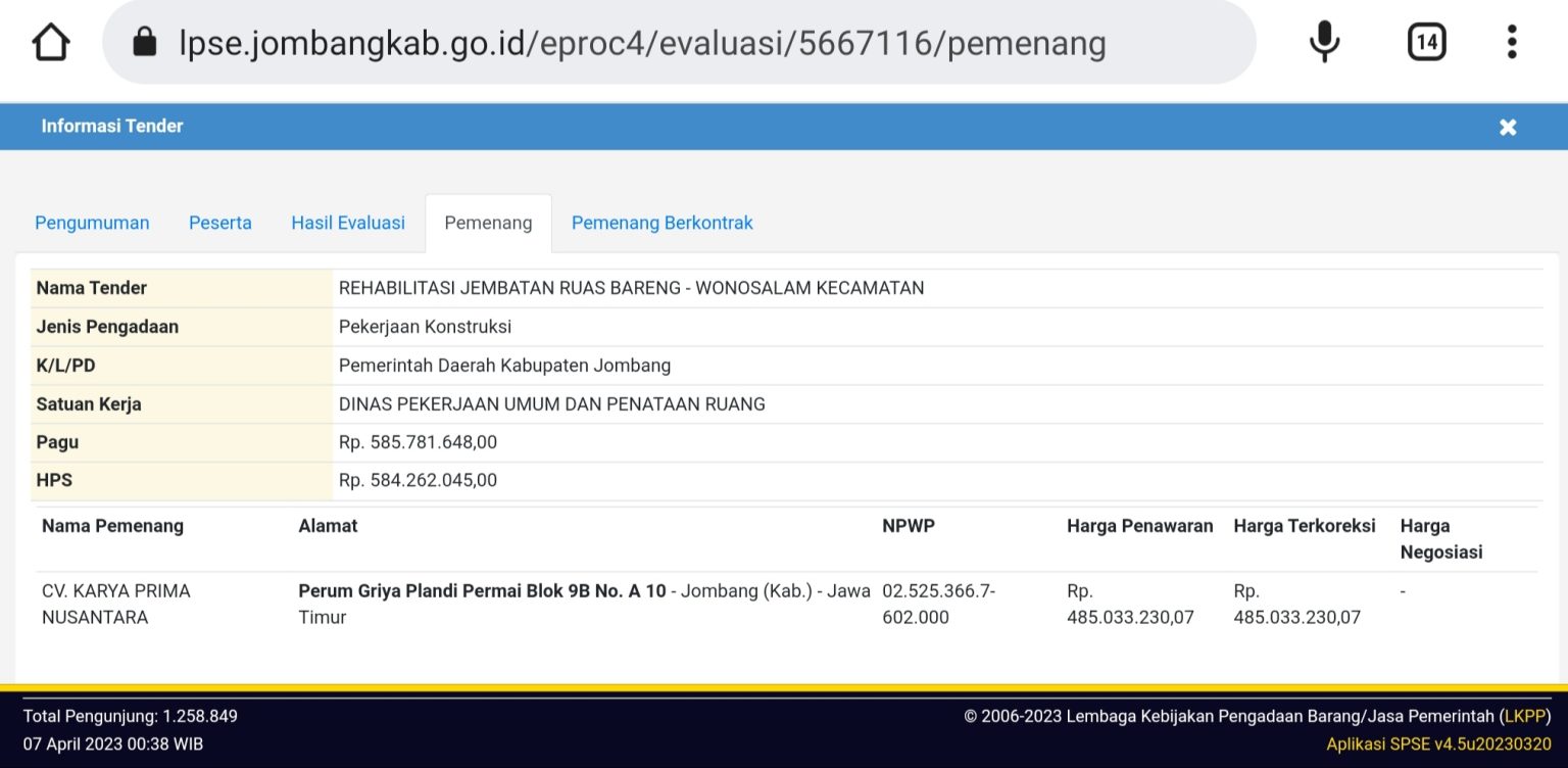 Proyek Rehabilitasi Jembatan Ruas Bareng - Wonosalam Dinas PUPR Jombang Dimenangkan CV Karya ...